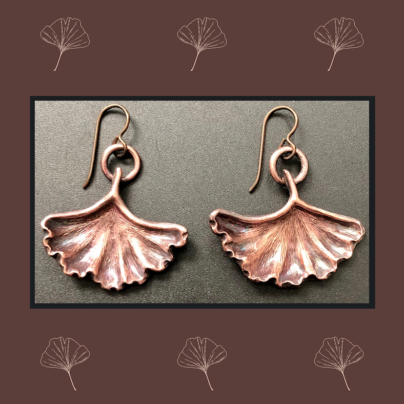 Ginkgo Earrings - Copper - Chasing and Repousse | Full Circle Creations